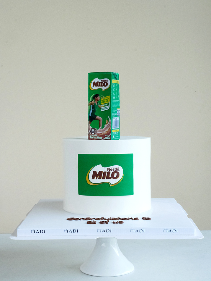 Milo box shaped cake for Nestle company event at Madi