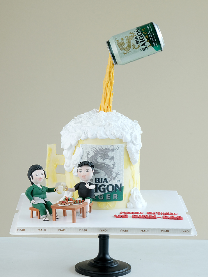 Birthday cake shaped with unique Saigon Lager beer at Madi